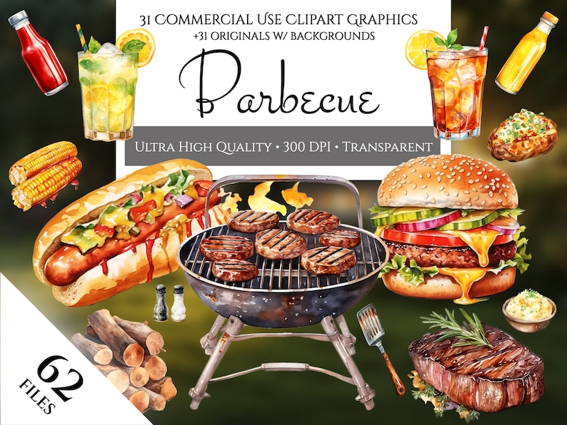 Watercolor Barbecue Clip Art BBQ Png Picnic Clipart Grill Food Clipart ...