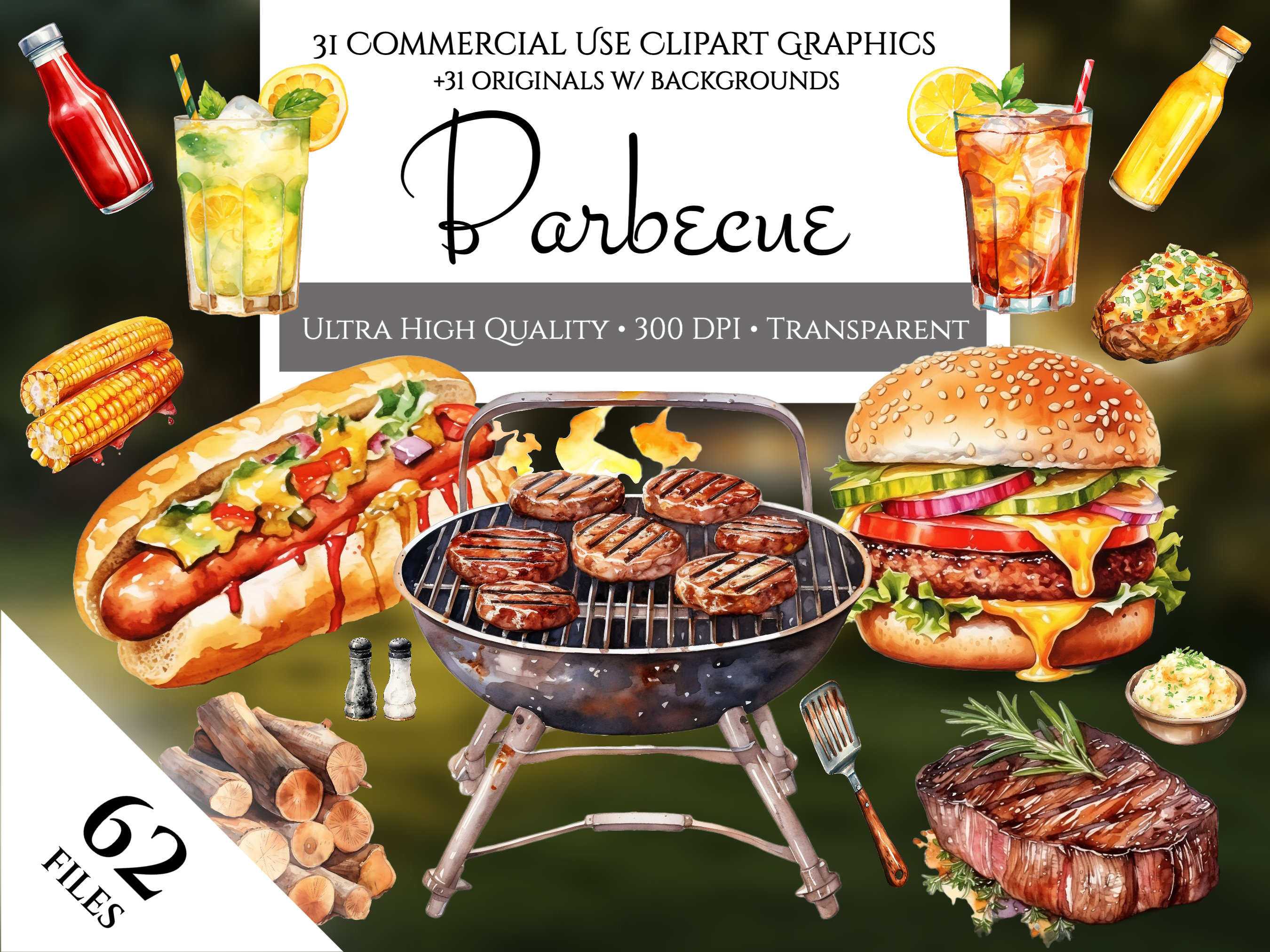 Watercolor Barbecue Clip Art BBQ Png Picnic Clipart Grill Food Clipart ...