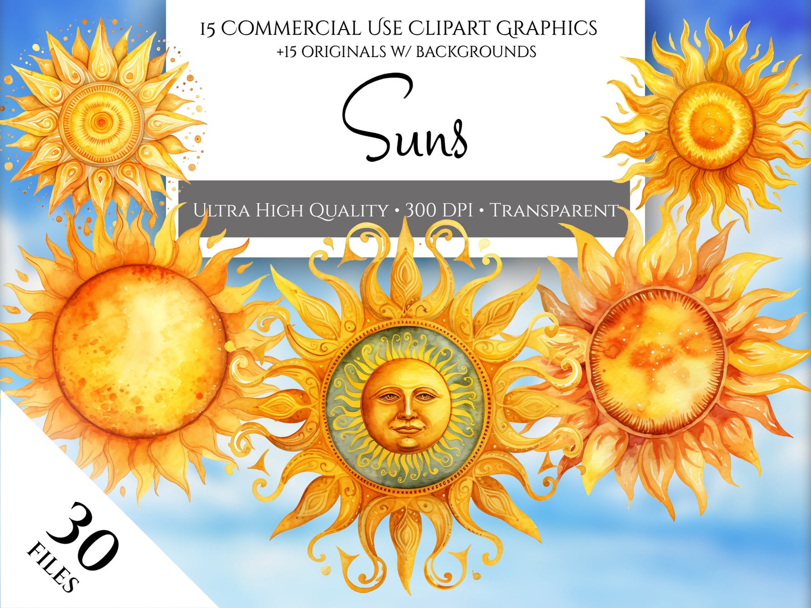15 Watercolor Sun Summer Clipart Pack, Warm Sun Png Clipart for ...