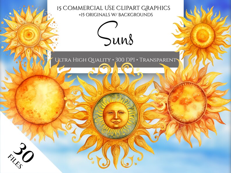 15 Watercolor Sun Summer Clipart Pack, Warm Sun Png Clipart for ...