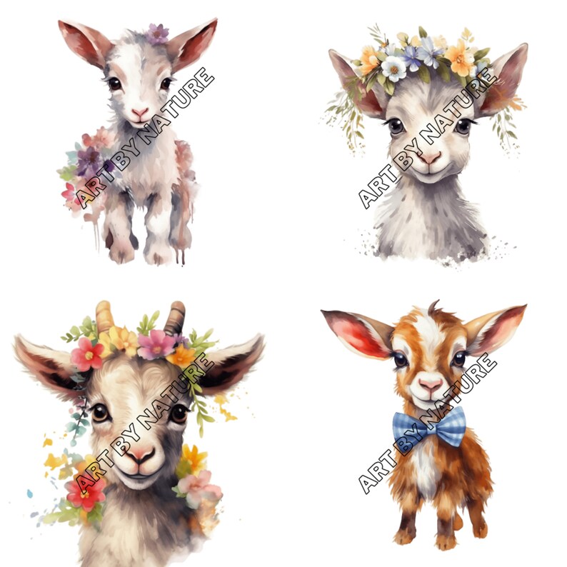 Watercolor Baby Goats Clipart Bundle, Cute Floral Watercolor Baby Goats ...