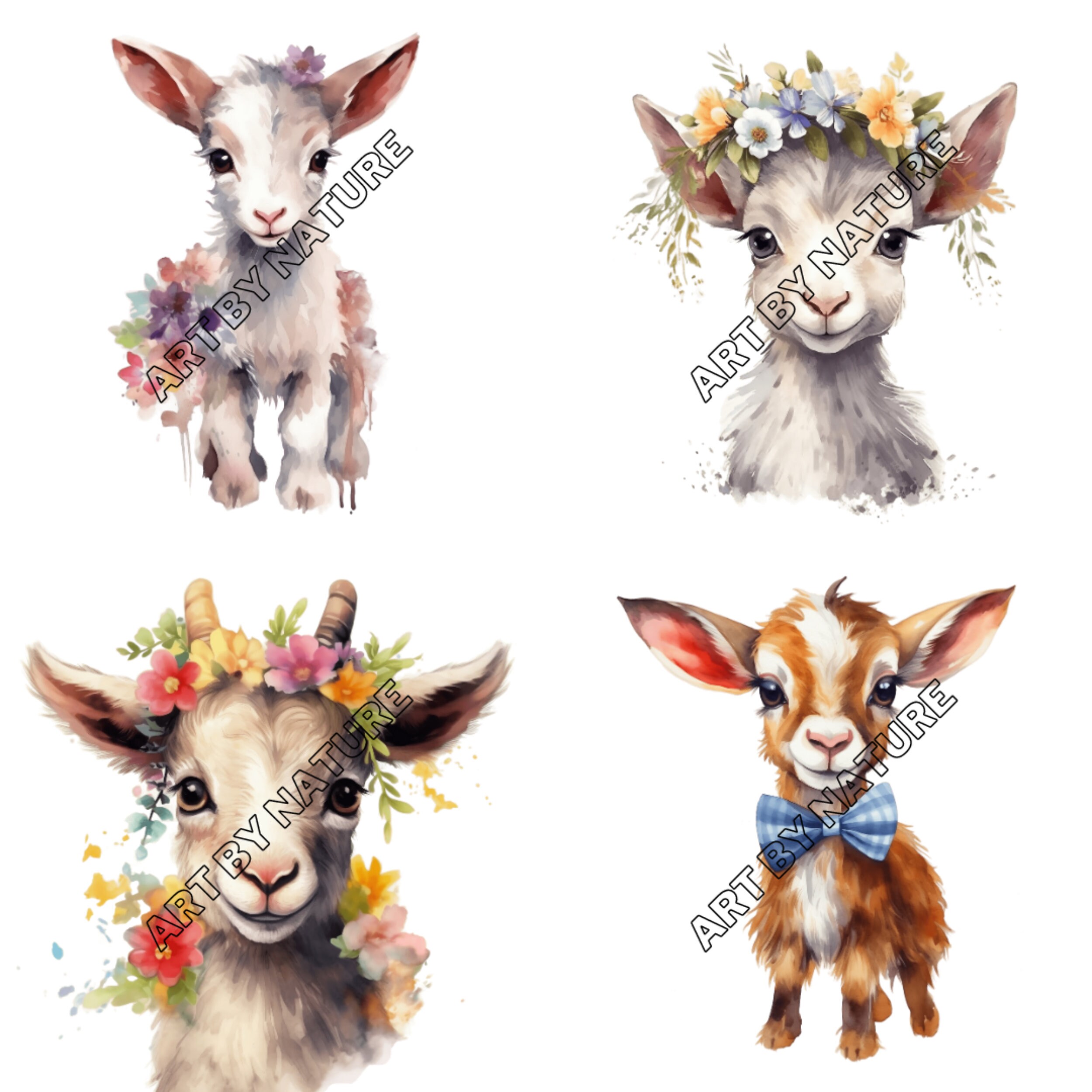 Watercolor Baby Goats Clipart Bundle, Cute Floral Watercolor Baby Goats ...