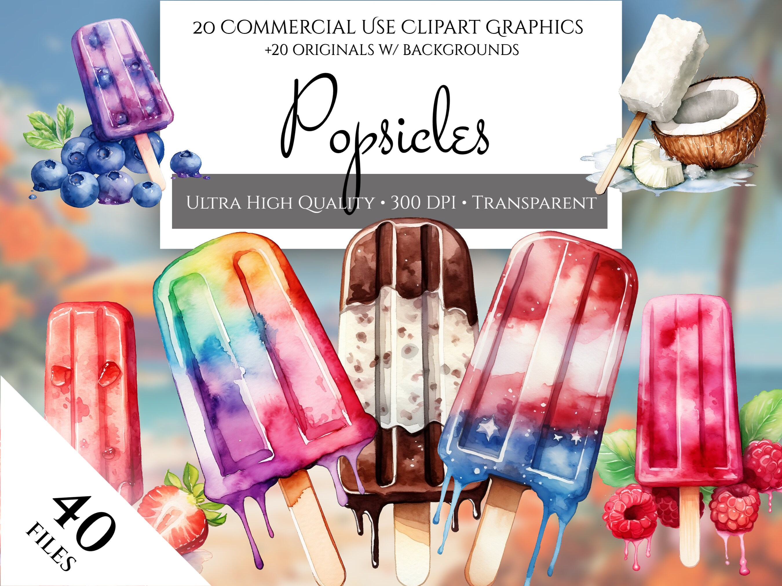 Watercolor Popsicles Clipart Pack, 20 High Quality PNG Delicious ...