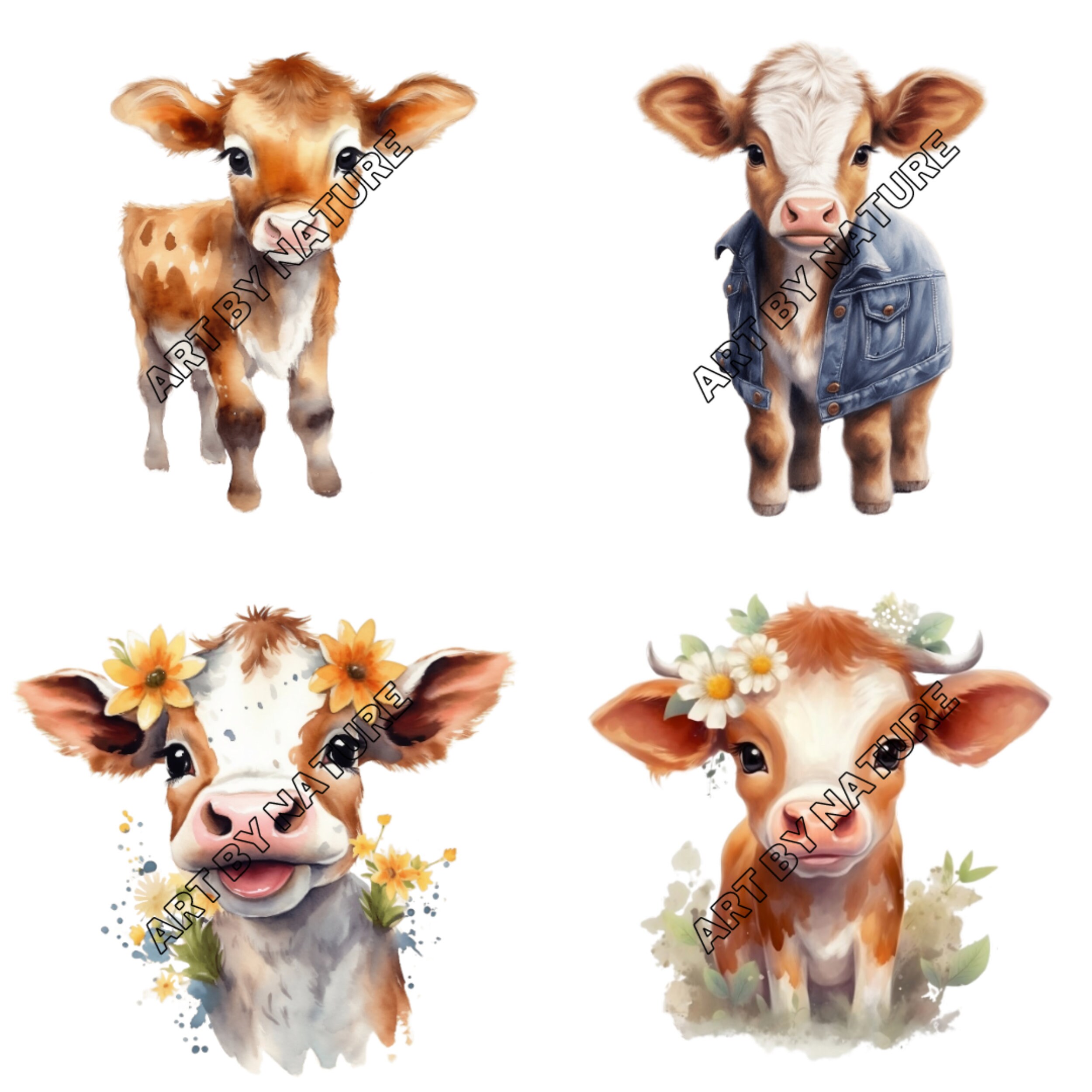 Baby Cows PNG Bundle, Watercolor Baby Cows Printable Clipart for ...