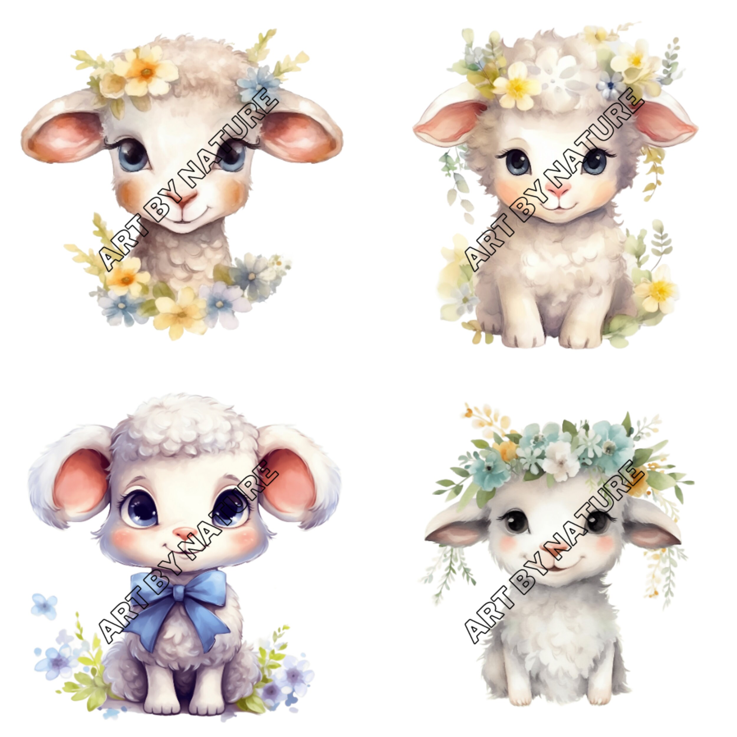 Watercolor Sheep Clipart PNG Bundle, Printable Floral Nursery and Farm ...