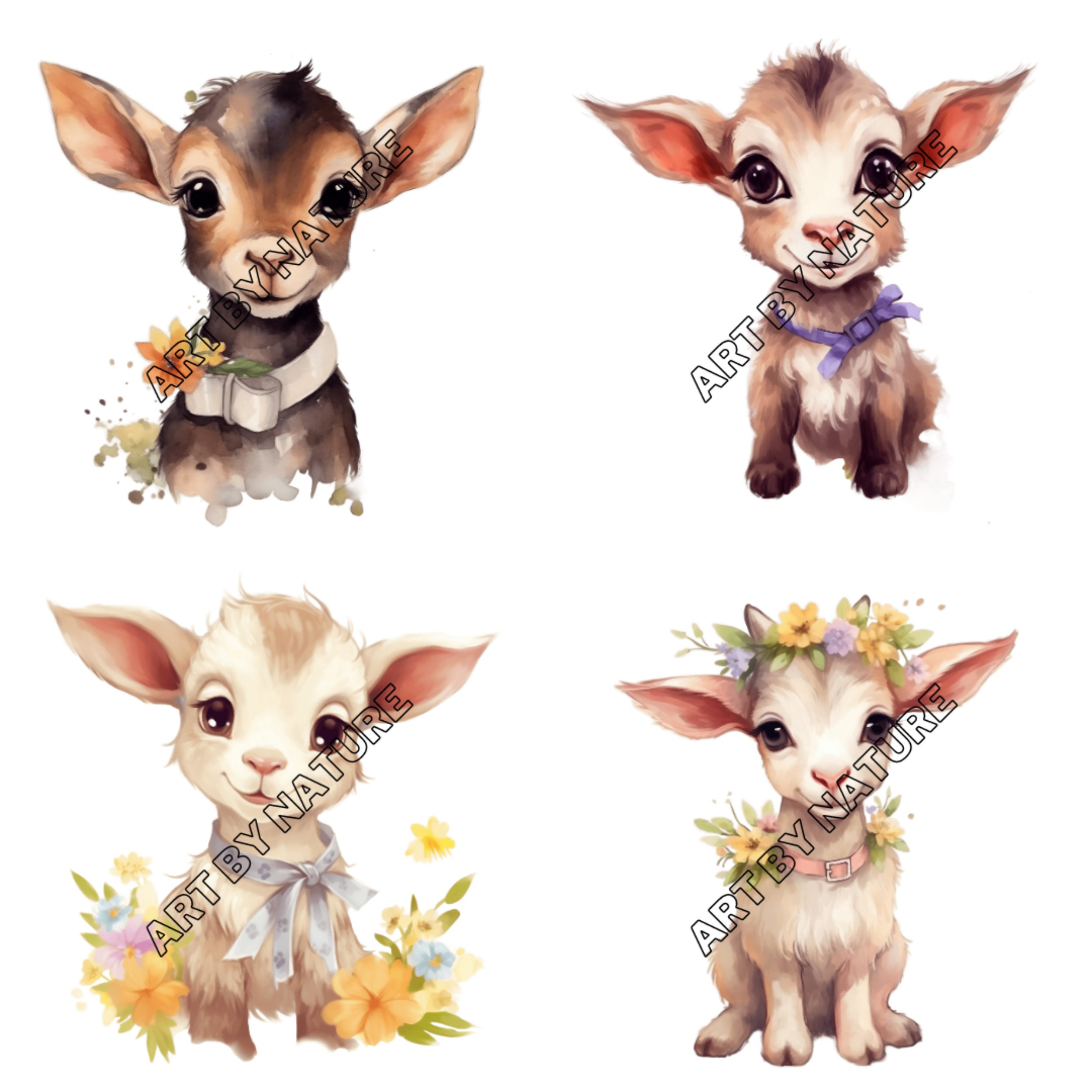 Watercolor Baby Goats Clipart Bundle, Cute Floral Watercolor Baby Goats ...