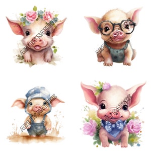 Adorable Watercolor Pigs Clipart Bundle, Cute Floral Piglets PNG ...