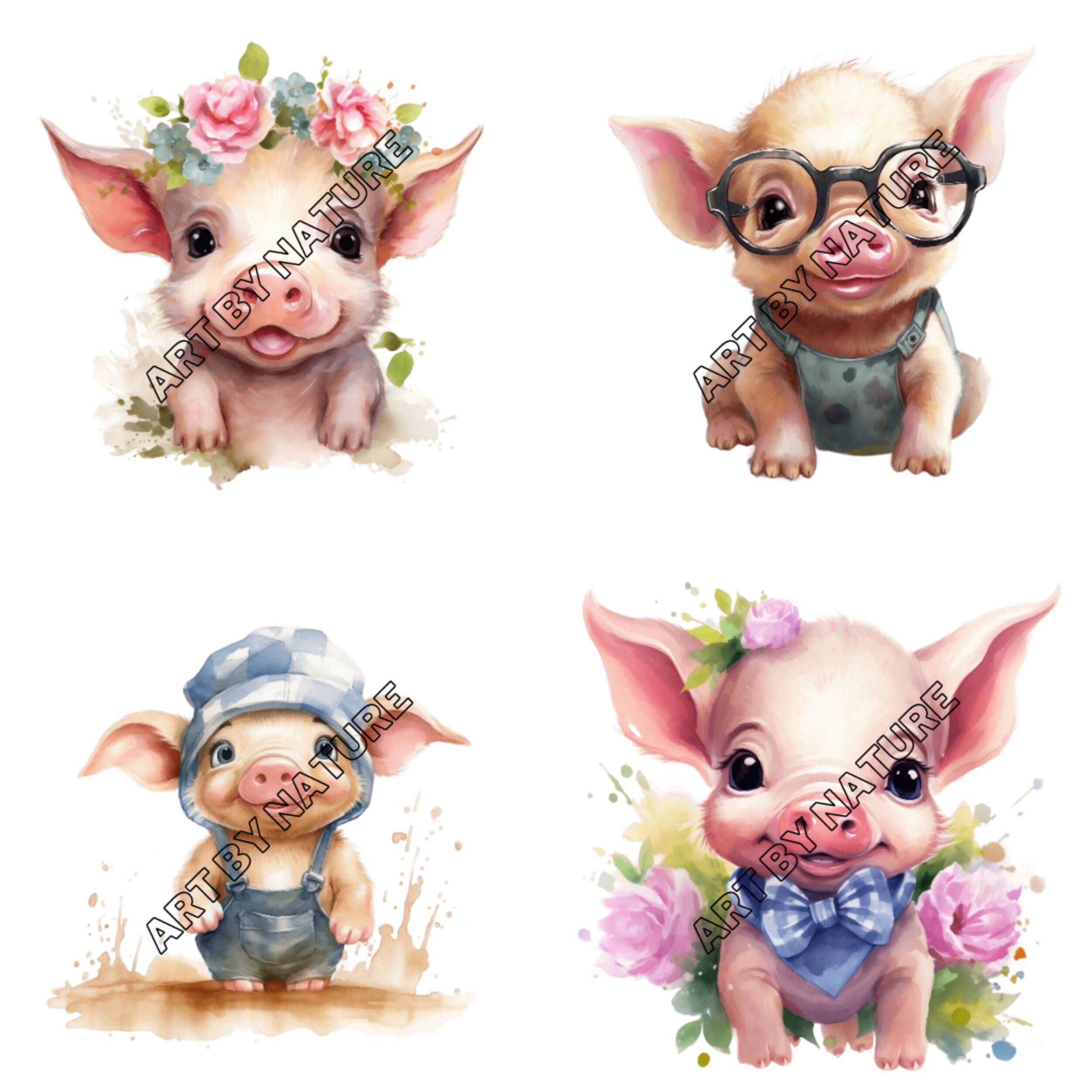 Adorable Watercolor Pigs Clipart Bundle, Cute Floral Piglets PNG ...