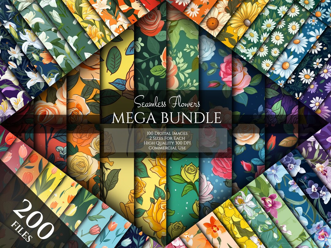 Seamless Flowers Digital Paper Mega Bundle, Floral Patterned Digital Art for Commercial Use ...