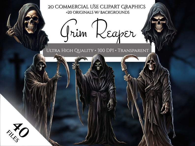 Grim Reaper Clipart Pack, Scary PNG Grim Reaper Clipart, Commercial Use ...
