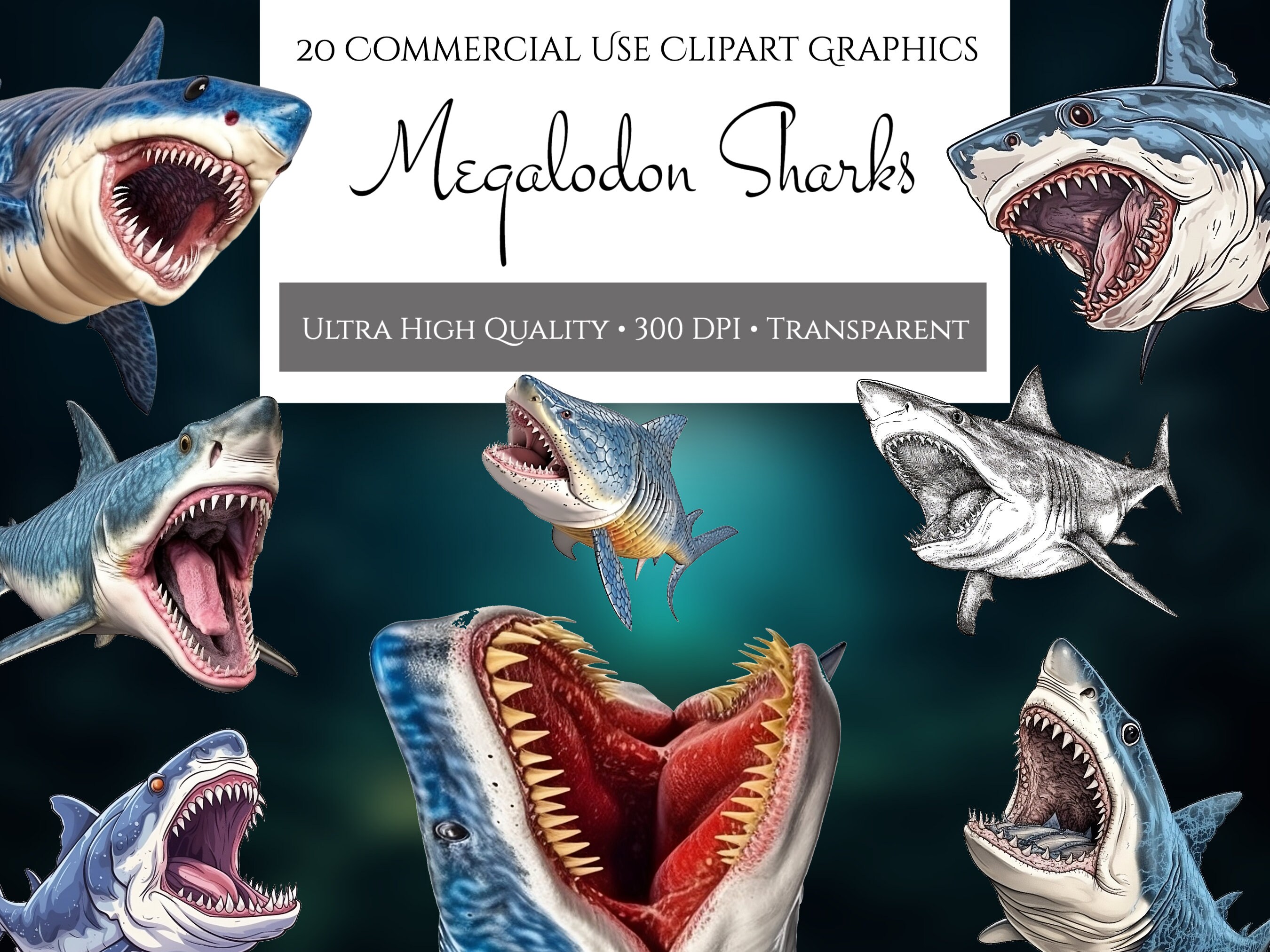 Megalodon Shark Clipart Pack, Commercial Use, Transparent Pngs ...