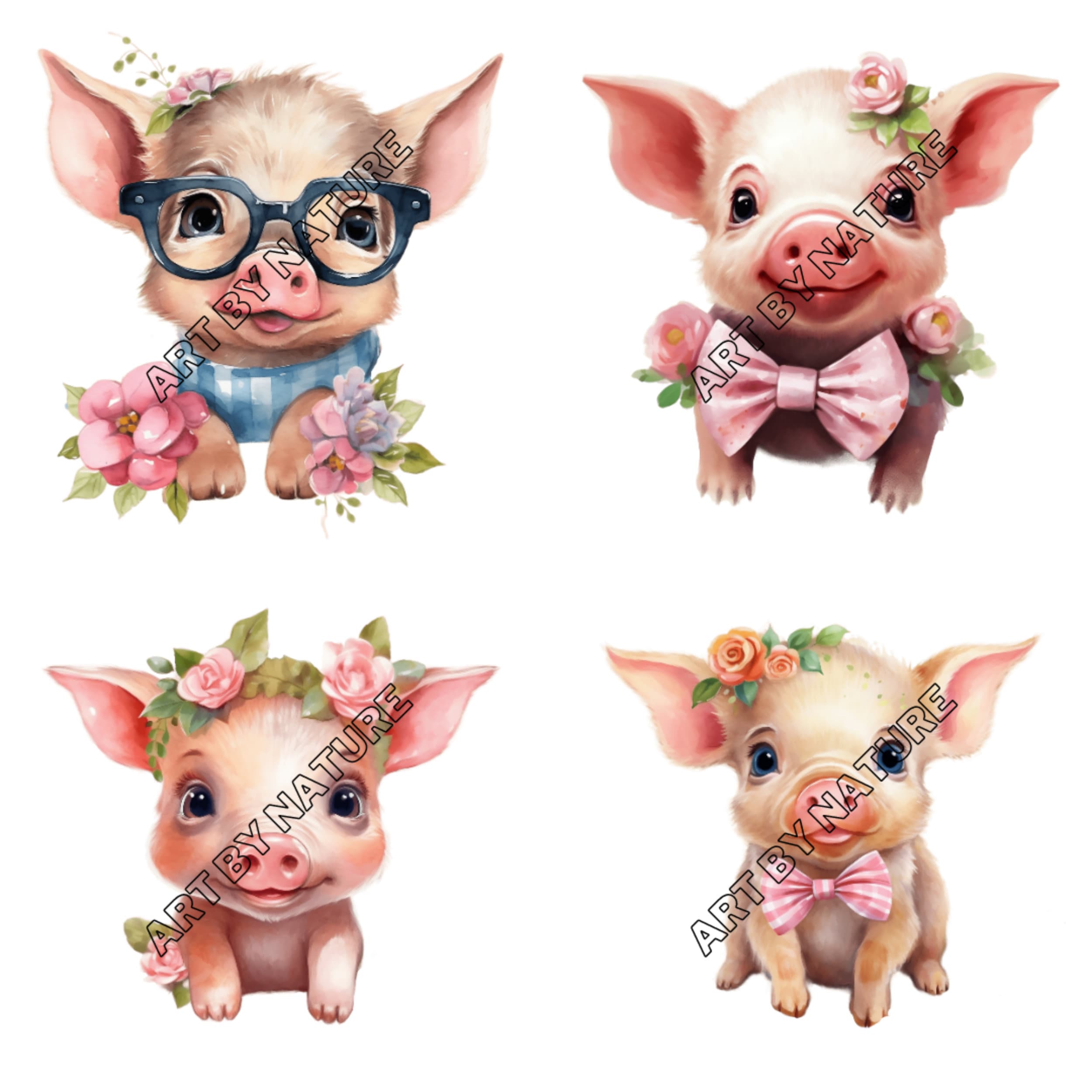Adorable Watercolor Pigs Clipart Bundle, Cute Floral Piglets PNG ...