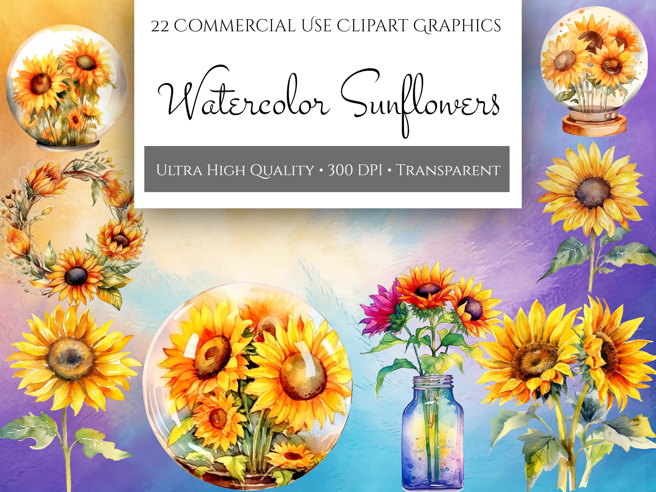 Sunflower Watercolor Clipart - Fall Sunflowers in PNG Format Instant ...