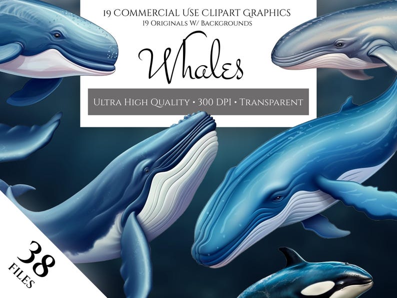 Whales Clipart Pack, Clipart Graphics for Commercial Use, Transparent ...