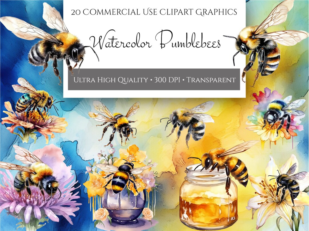 Watercolor Bumblebee Clipart Pack | Summer Clipart | Floral Honeybee ...