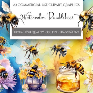 Watercolor Bumblebee Clipart Pack | Summer Clipart | Floral Honeybee ...