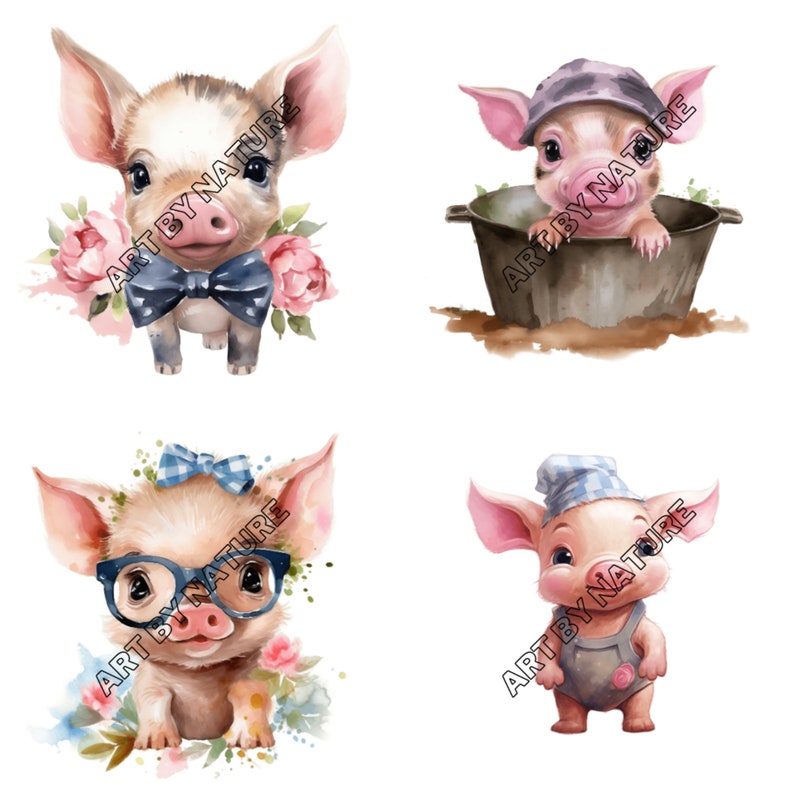 Adorable Watercolor Pigs Clipart Bundle, Cute Floral Piglets PNG ...