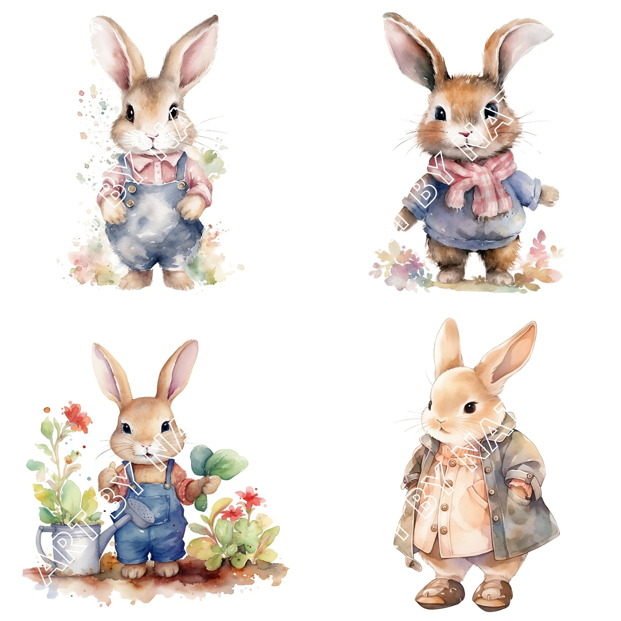 Watercolor Bunny Clipart Pack, Clipart for Commercial Use, Transparent ...