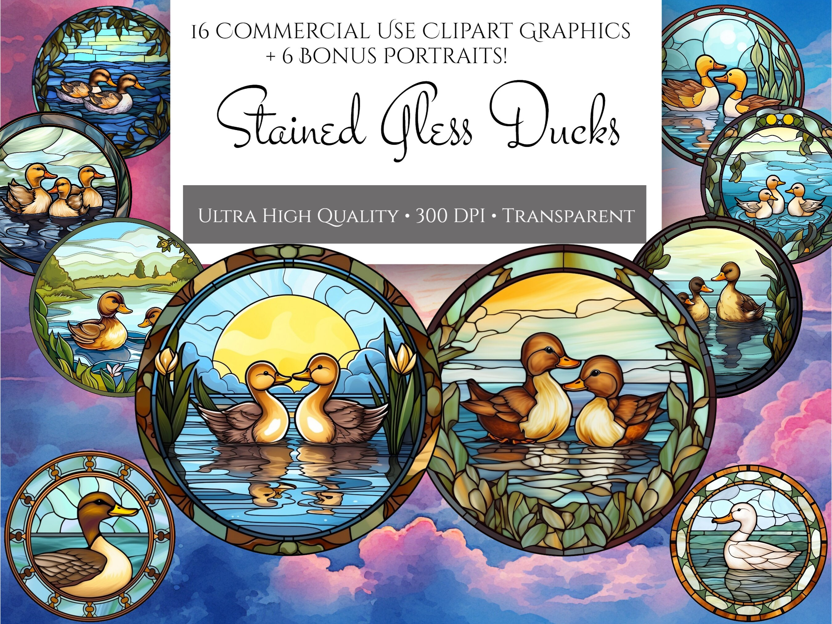 Stained Glass Ducks Clipart Bundle, Cute Ducks PNG Transparent ...