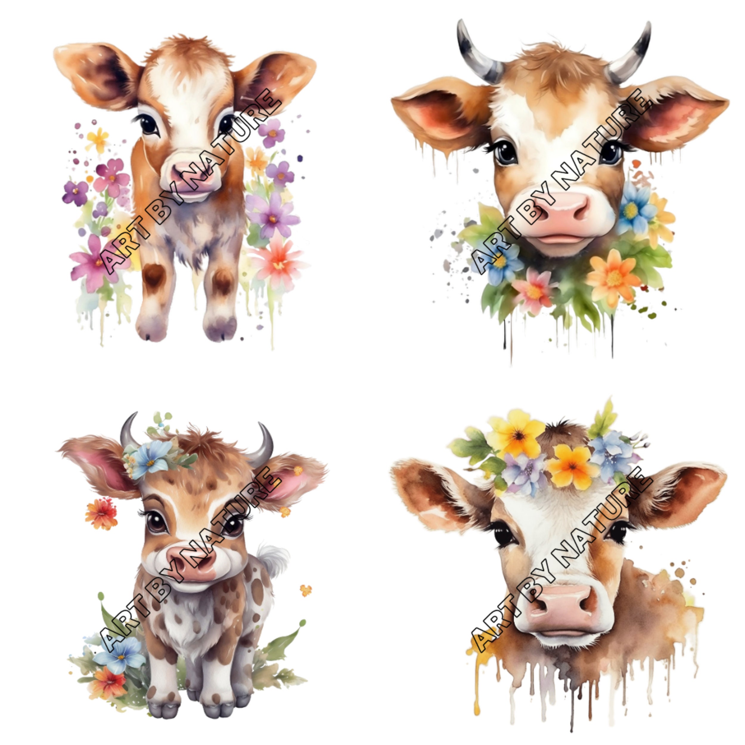 Baby Cows PNG Bundle, Watercolor Baby Cows Printable Clipart for ...