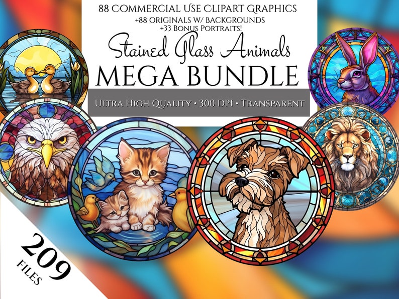 Stained Glass Animals Clipart Mega Bundle, 88PNG High Quality Adorable ...