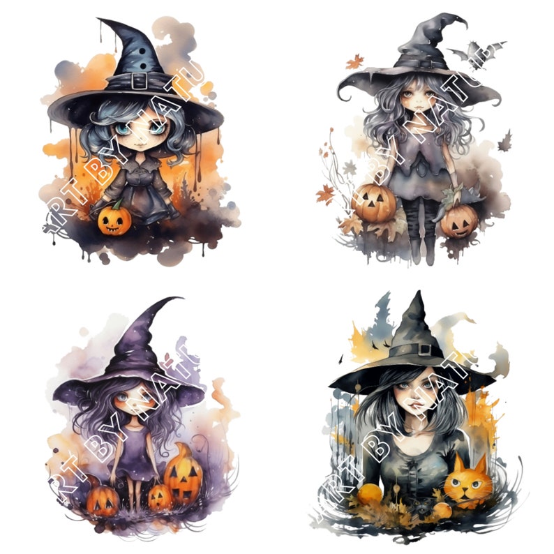 Halloween Witches Clipart Pack, PNG Watercolor Magic Witch for ...