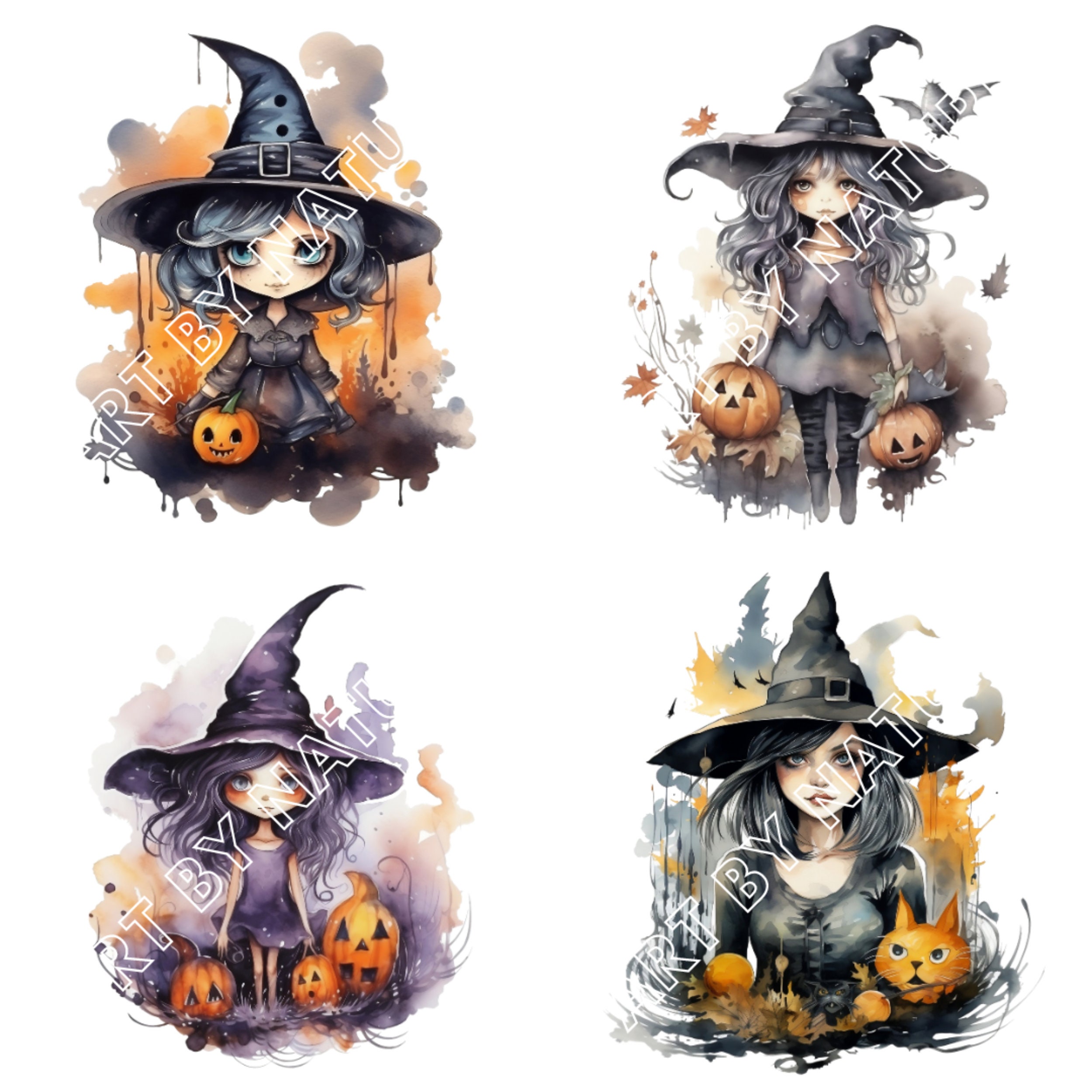 Halloween Witches Clipart Pack, PNG Watercolor Magic Witch for ...