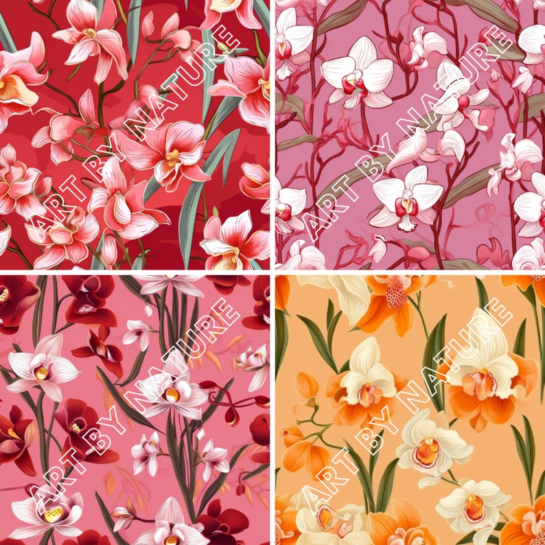 Seamless Orchids Digital Paper, PNG Orchid Printable Background for Commercial Use, Cartoon ...