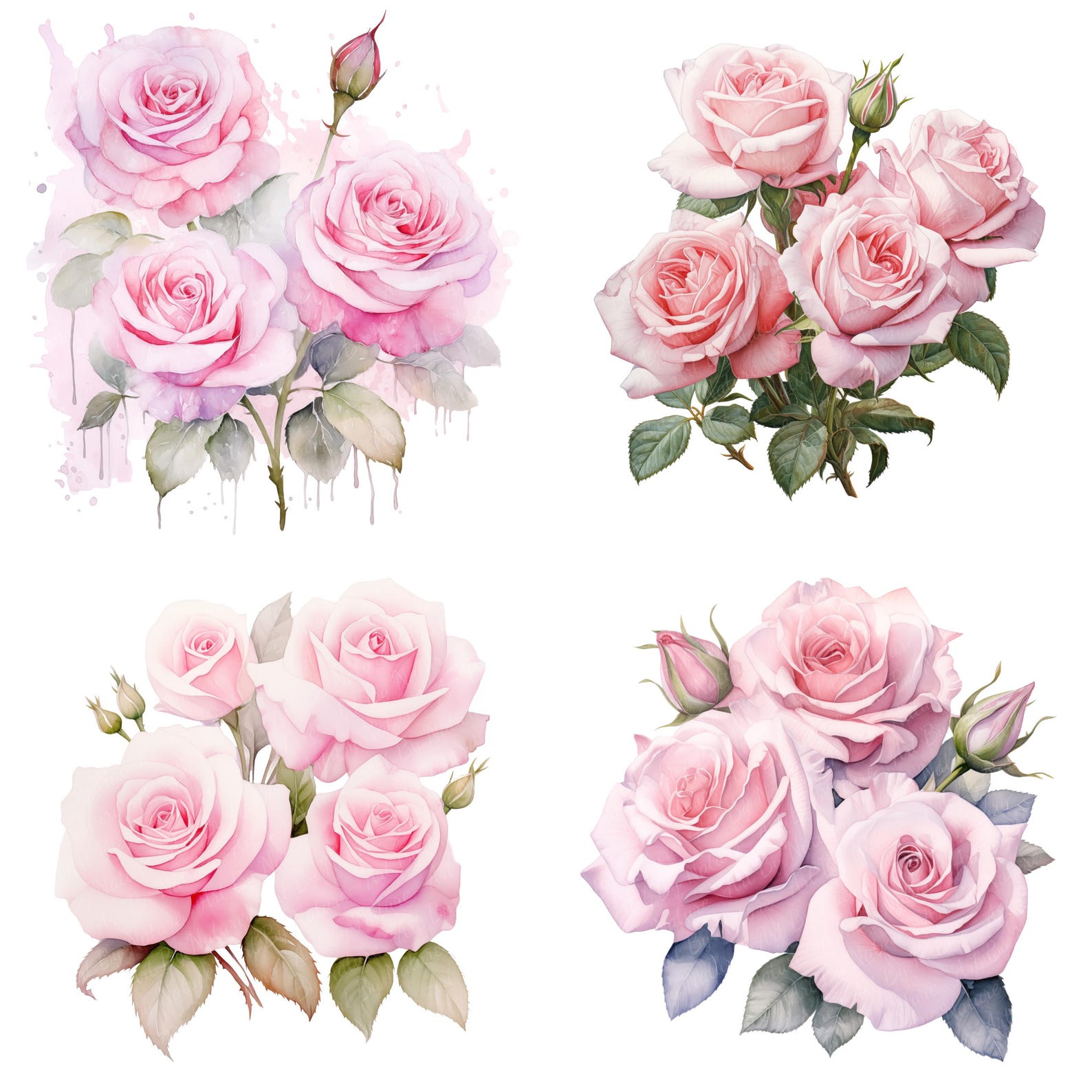 Pink Roses Watercolor Clipart: Floral Bouquet (digital Download) - Etsy