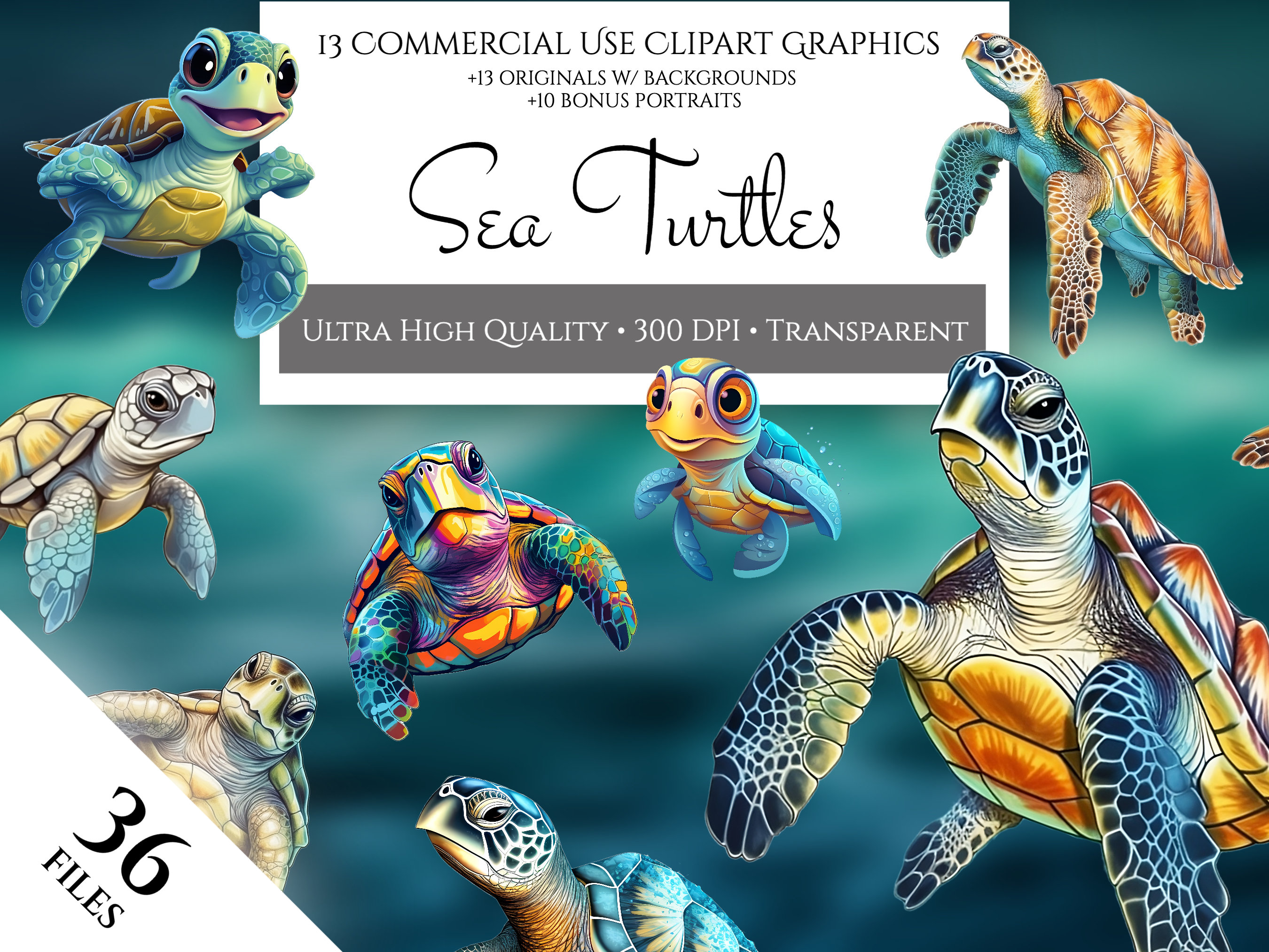 Sea Turtle Clipart Pack, Commercial Use, Transparent Pngs, Marine Life ...
