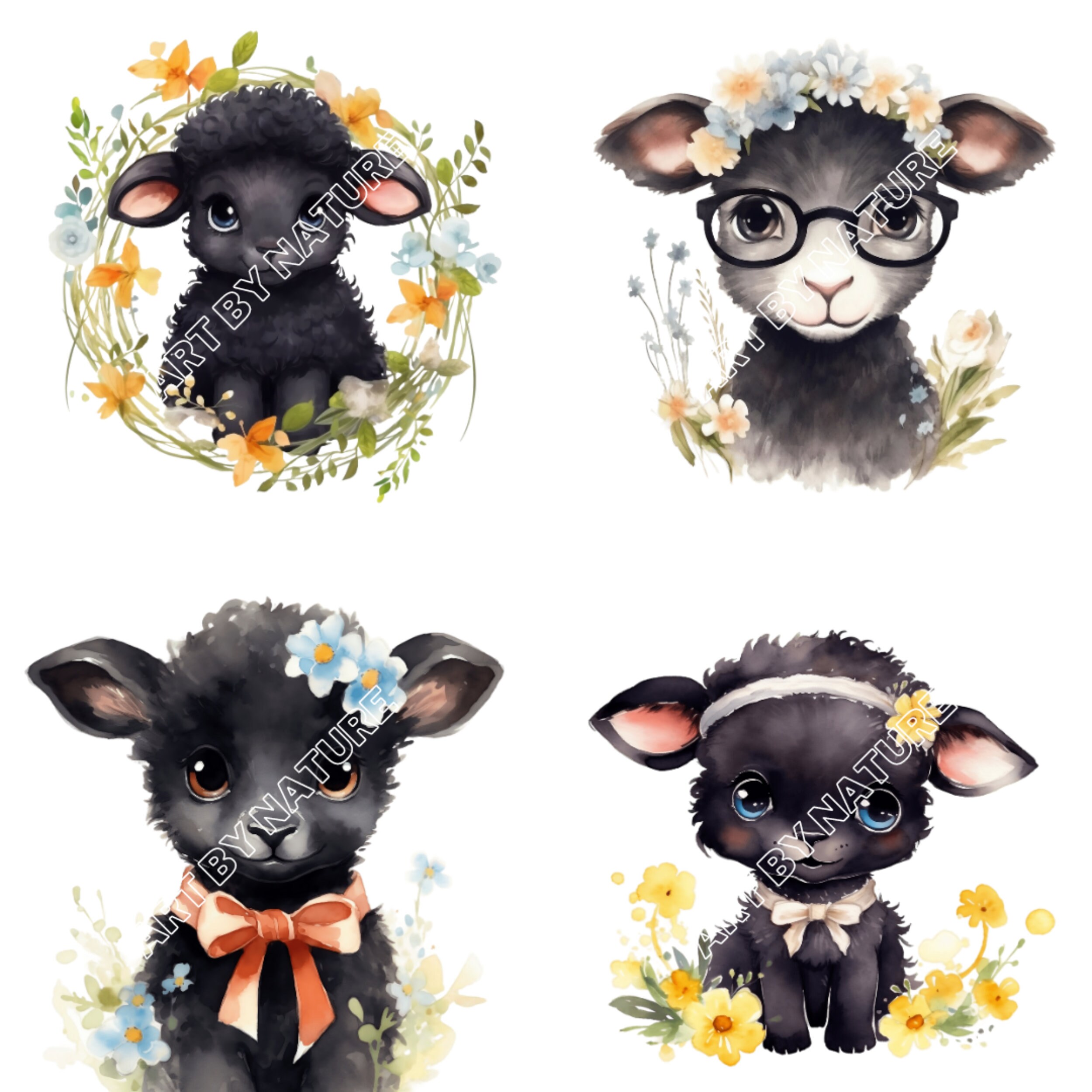 Watercolor Sheep Clipart PNG Bundle, Printable Floral Nursery and Farm ...