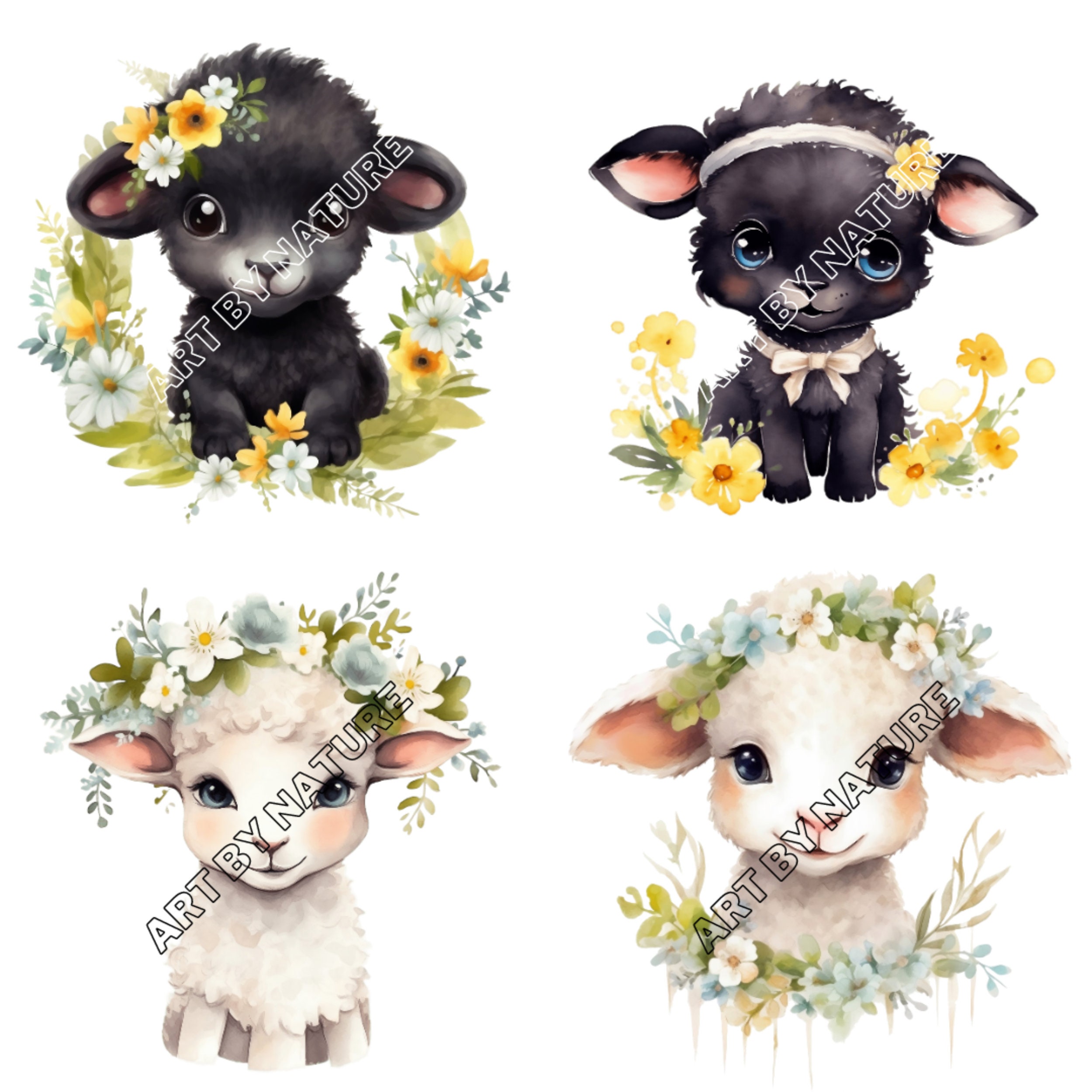 Watercolor Sheep Clipart PNG Bundle, Printable Floral Nursery and Farm ...