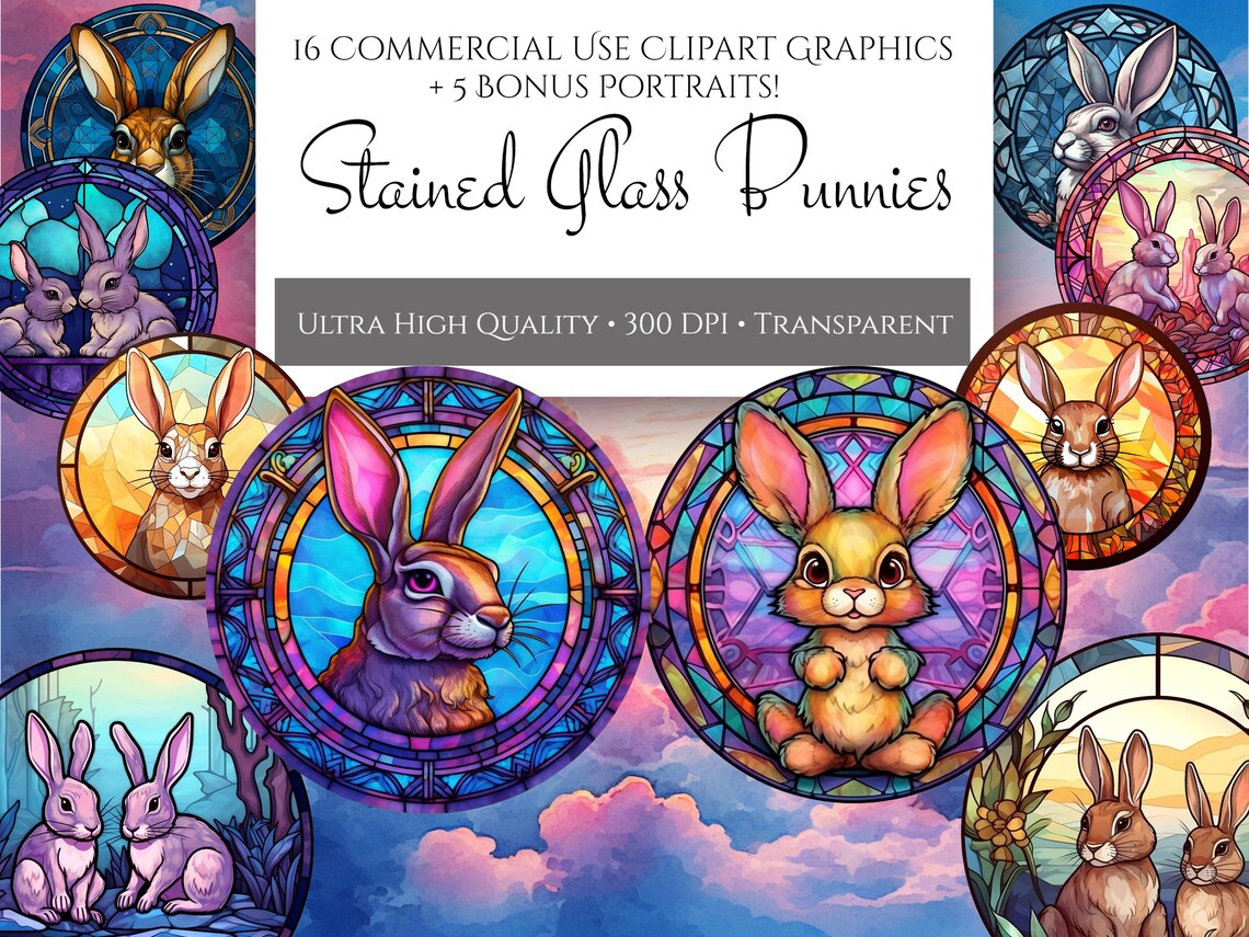 Stained Glass Bunnies Clipart Bundle, Digital Rabbit Printable PNG ...
