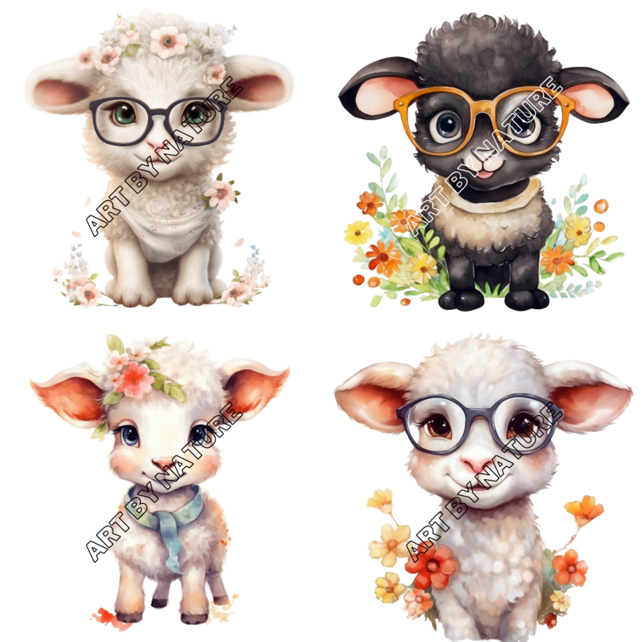 Watercolor Sheep Clipart PNG Bundle, Printable Floral Nursery and Farm ...