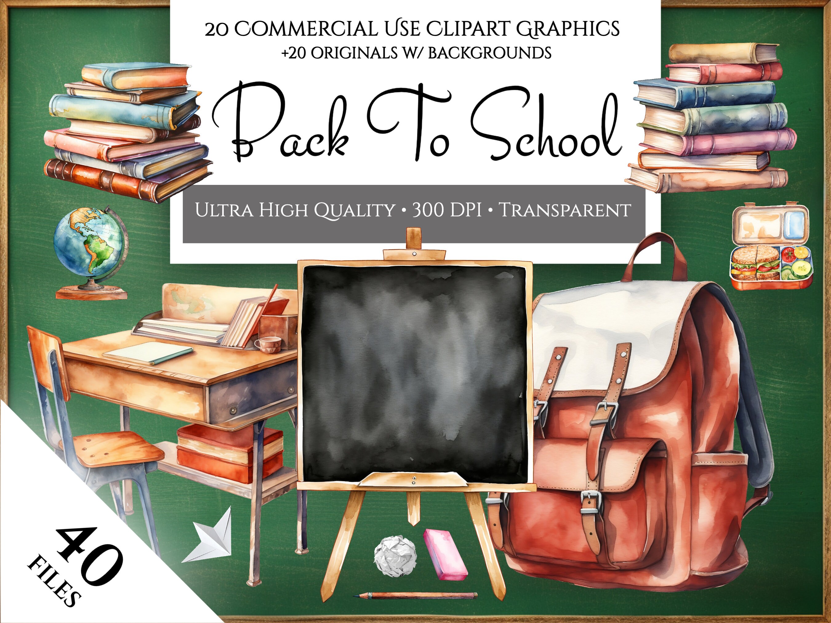 Back to School Clipart Variety Pack, 20 High Quality PNG School Clipart ...