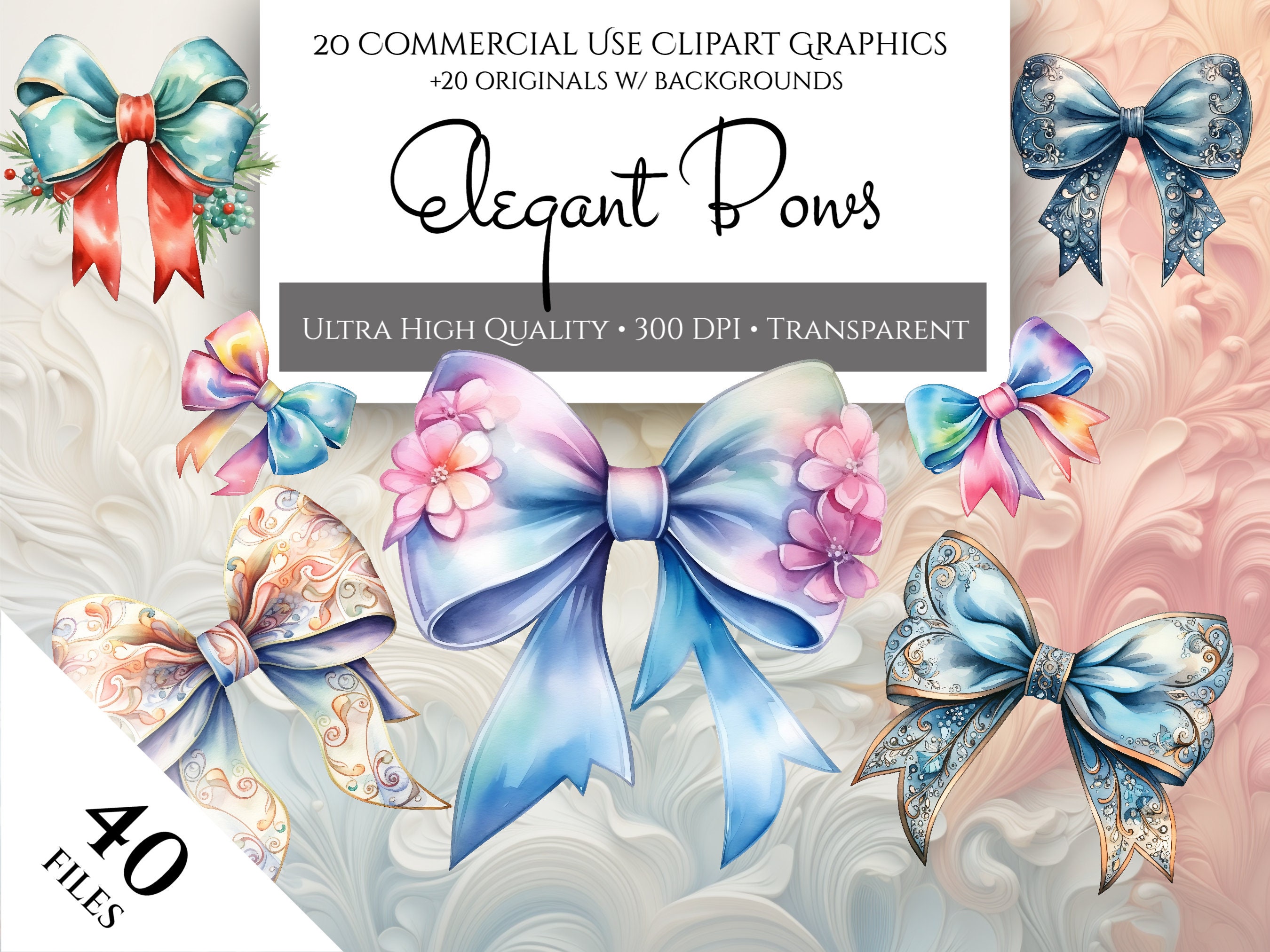 20 Elegant Bows Clipart Pack, High Quality Png Watercolor Bows for ...