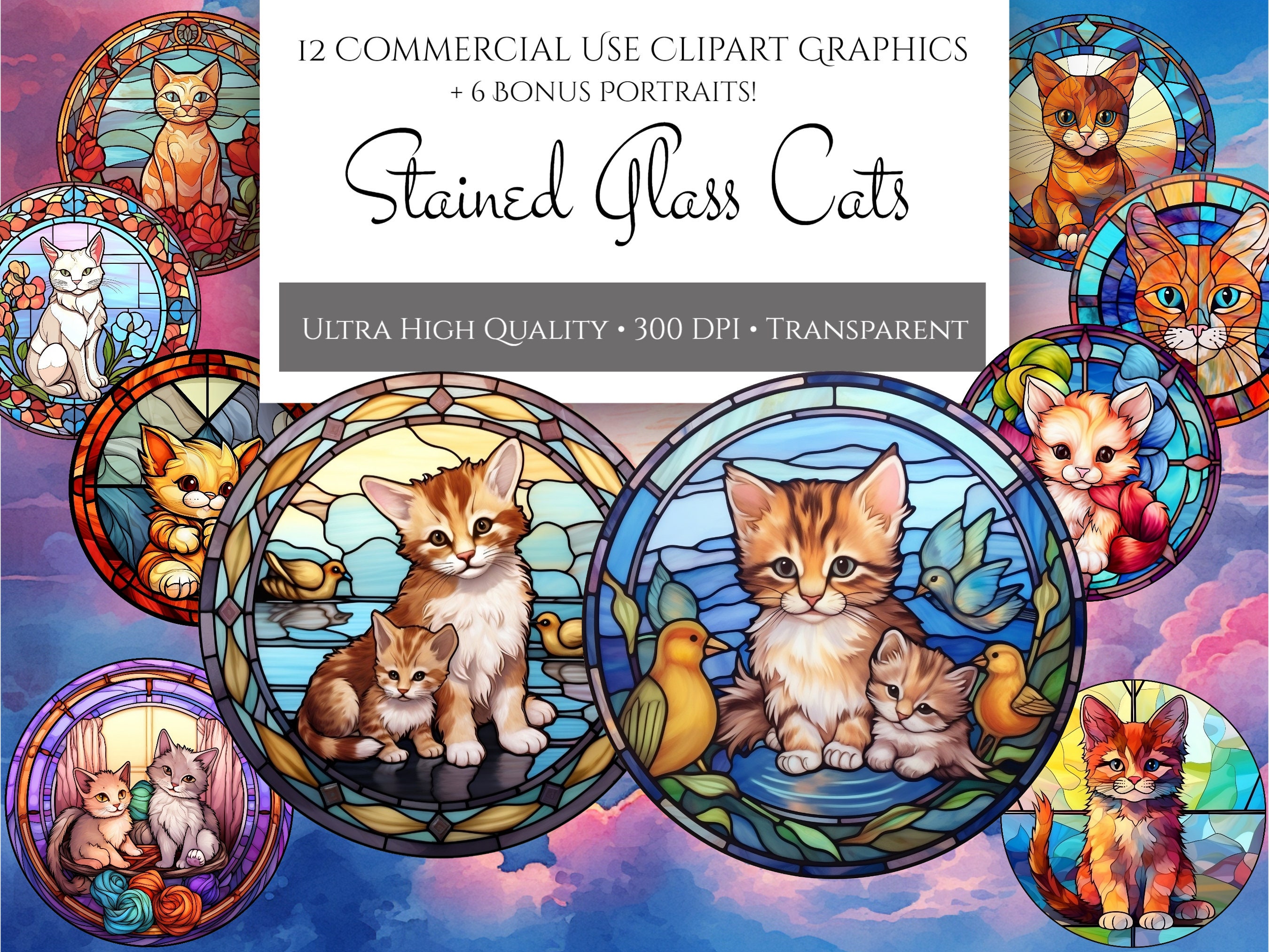 Stained Glass Cats and Kittens Clipart Bundle, Digital Cat PNG Graphics ...