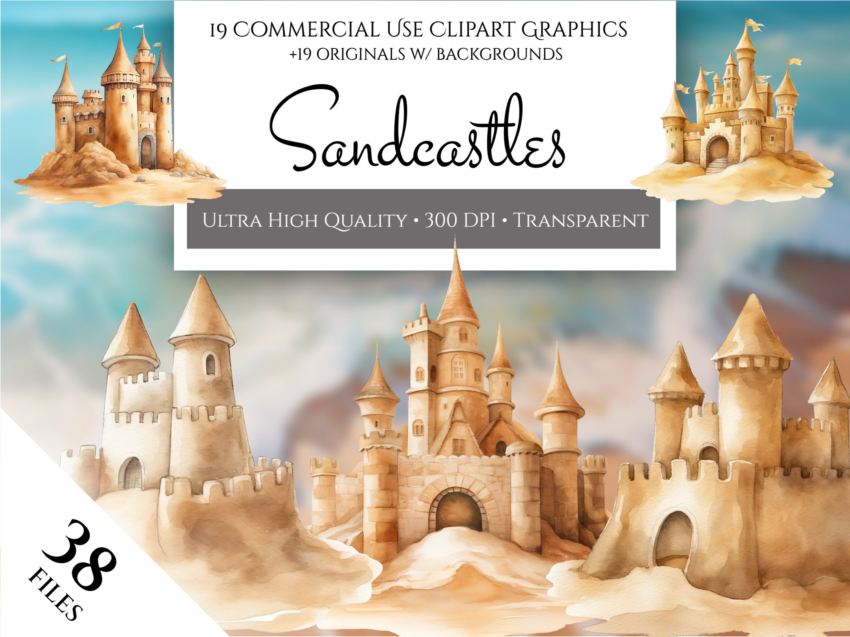 Watercolor Sandcastle Clipart Pack, 19 High Quality PNG Sandcastle ...