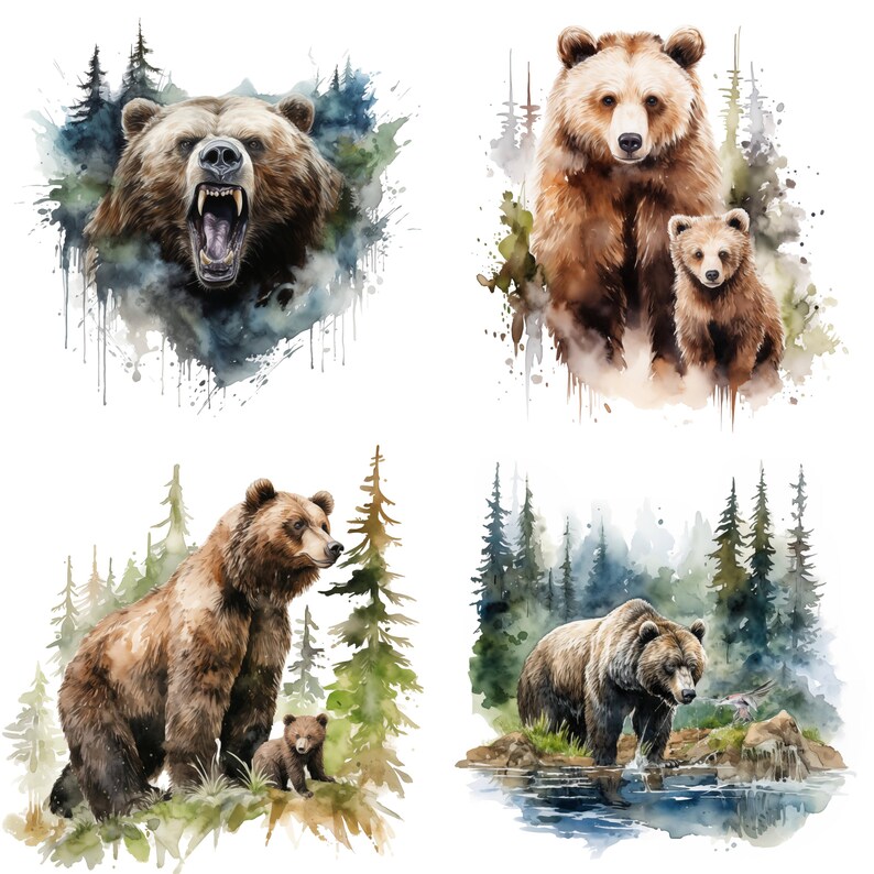 Watercolor Bear Clipart Pack, Grizzly Bear Art (JPG, Instant Download ...