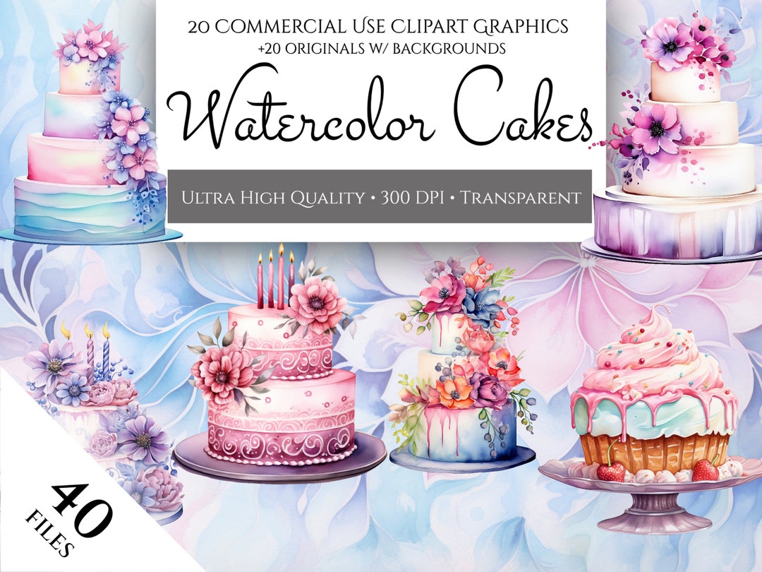 Watercolor Floral Cakes Clipart Pack, 20 PNG High Quality Birthday ...