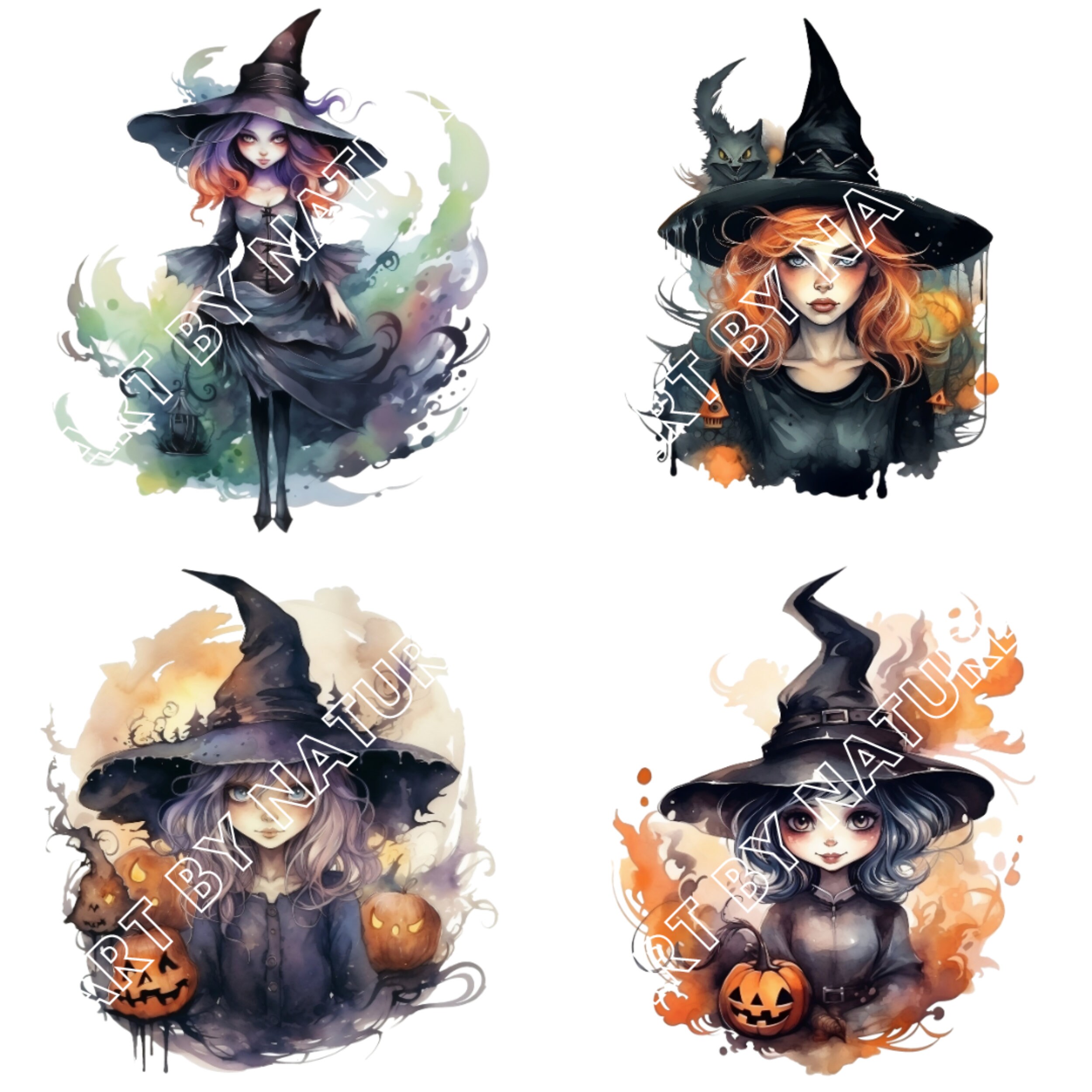 Halloween Witches Clipart Pack, PNG Watercolor Magic Witch for ...