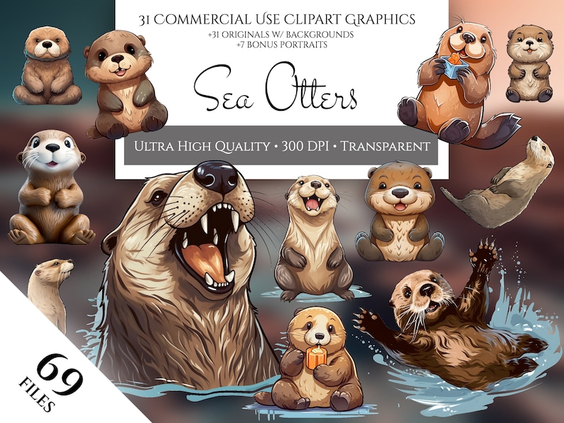 Sea Otter Clipart Pack, Commercial Use, Transparent Pngs, Marine Life ...