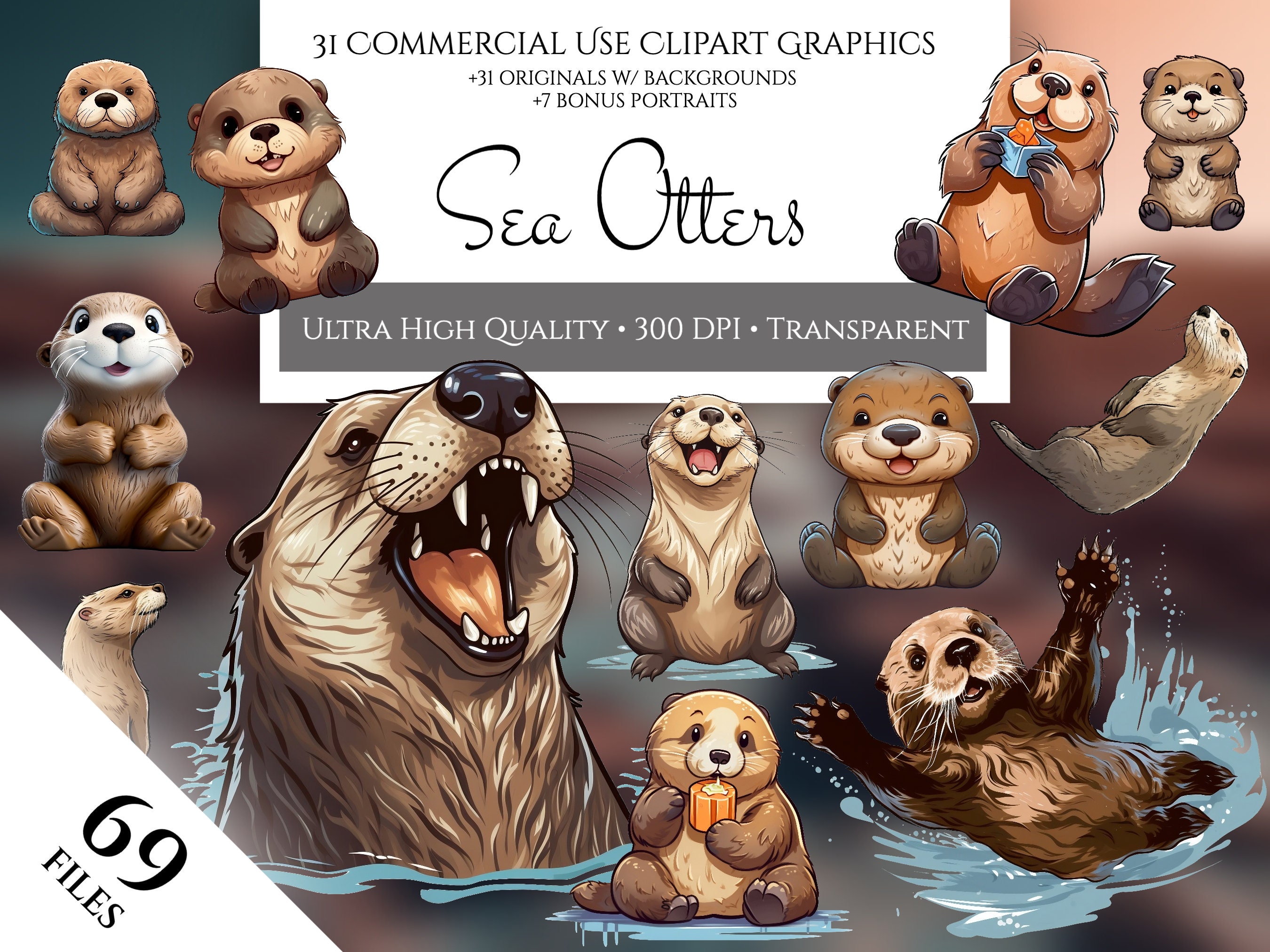 Sea Otter Clipart Pack, Commercial Use, Transparent Pngs, Marine Life ...