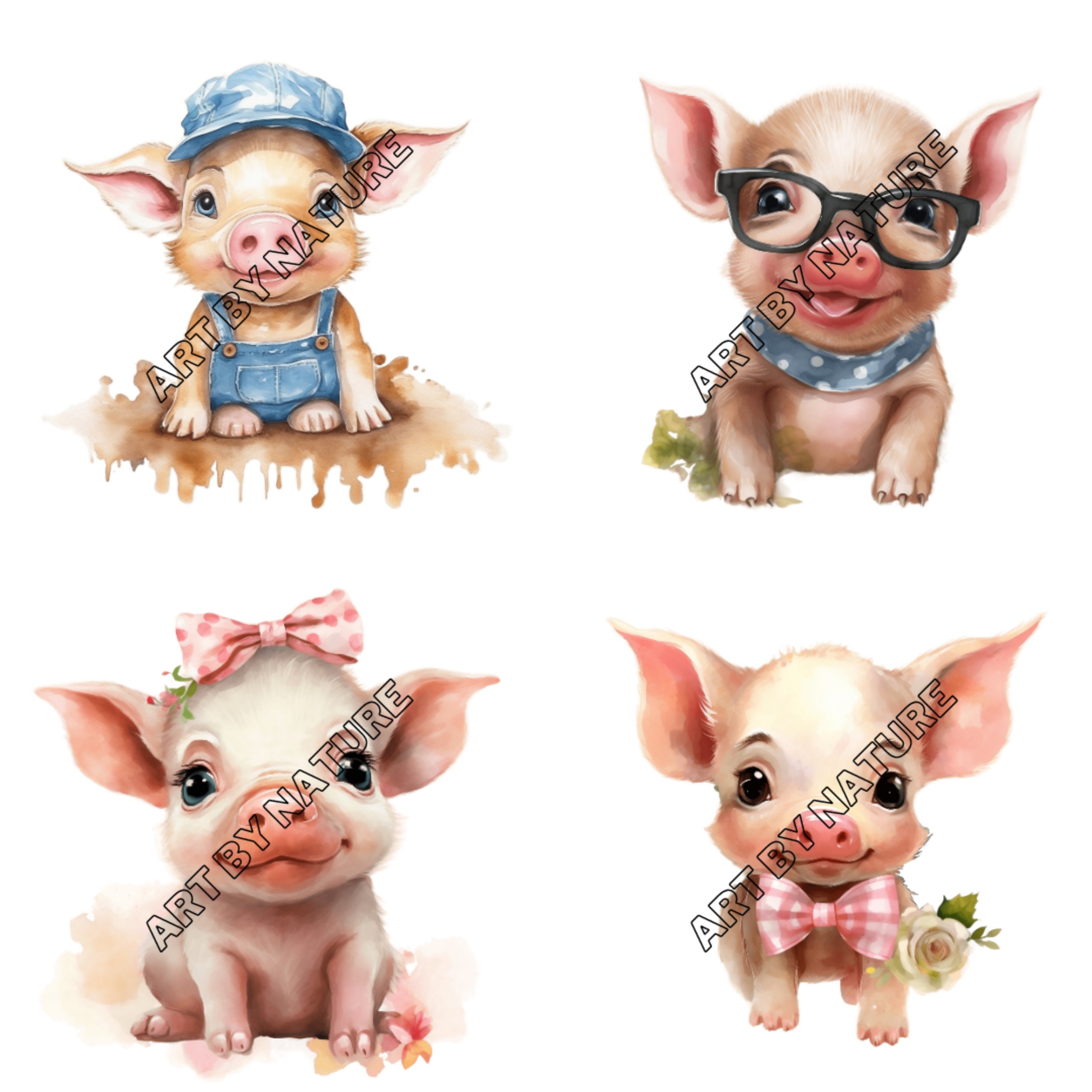 Adorable Watercolor Pigs Clipart Bundle, Cute Floral Piglets PNG ...