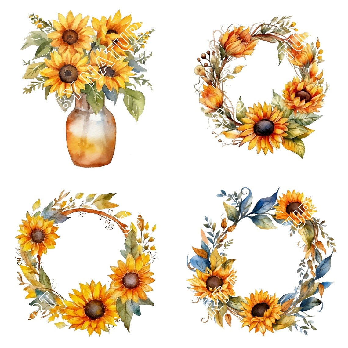Sunflower Watercolor Clipart - Fall Sunflowers in PNG Format Instant ...