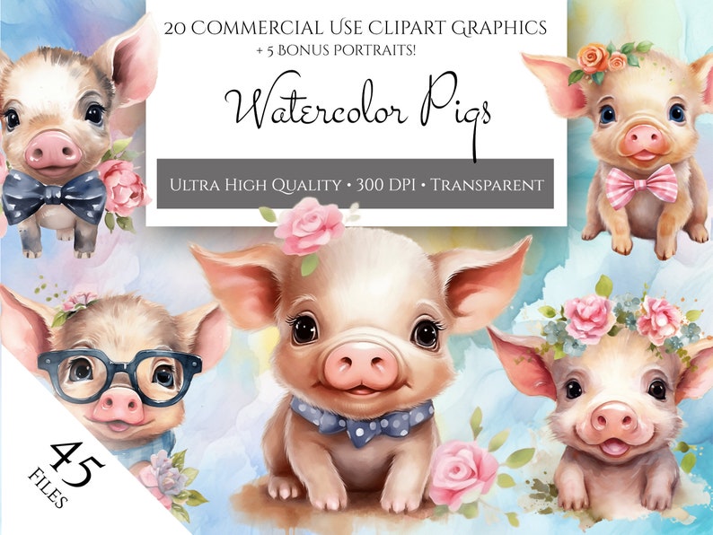 Adorable Watercolor Pigs Clipart Bundle, Cute Floral Piglets PNG ...