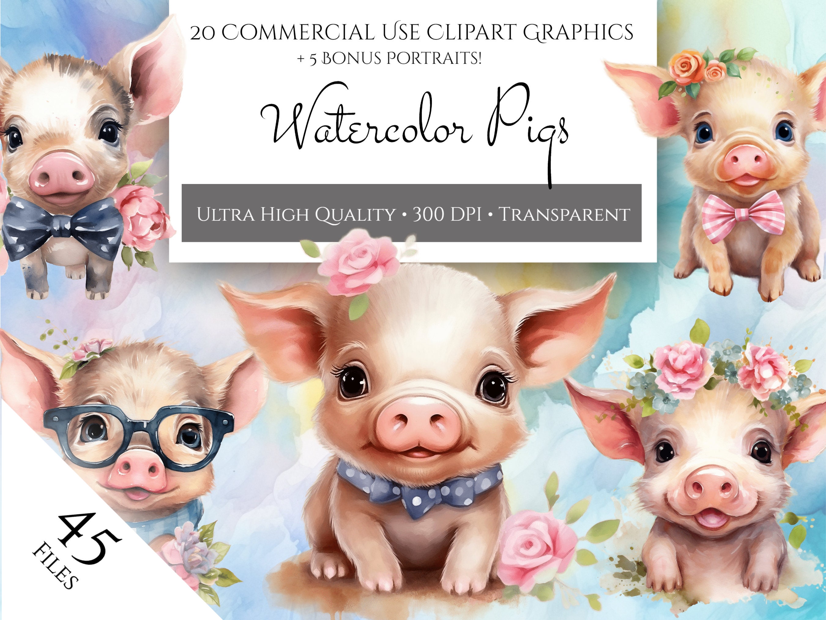 Adorable Watercolor Pigs Clipart Bundle, Cute Floral Piglets PNG ...