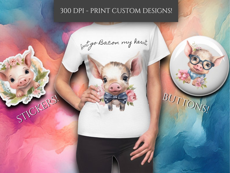Adorable Watercolor Pigs Clipart Bundle, Cute Floral Piglets PNG ...