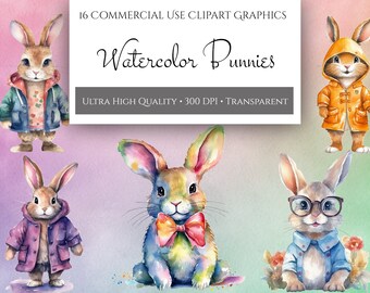 Watercolor Bunnies With Tulips Clipart Pack, Clipart for Commercial Use ...