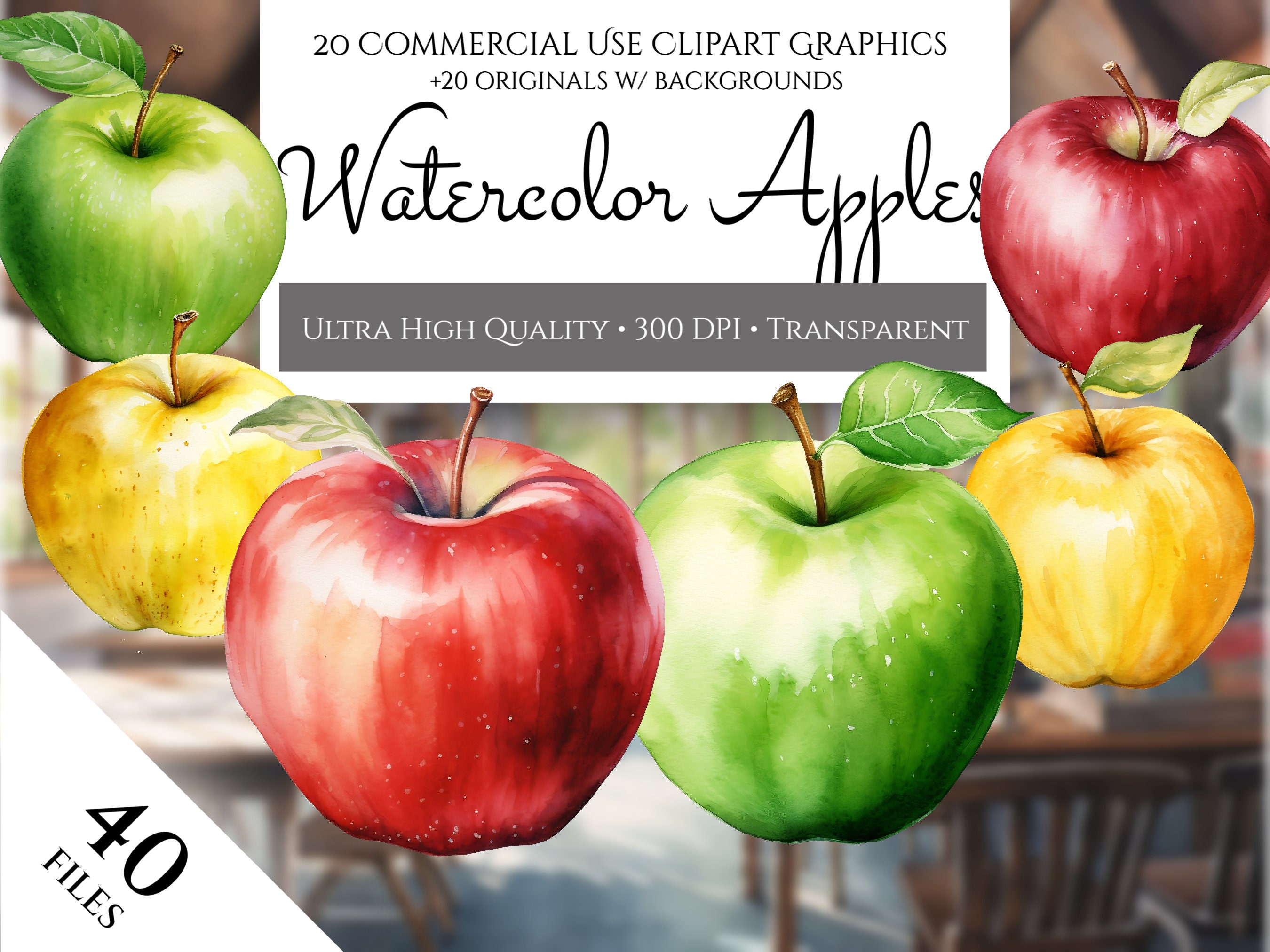 20 Watercolor Apples Clipart Pack, High Quality Apples for Commercial ...